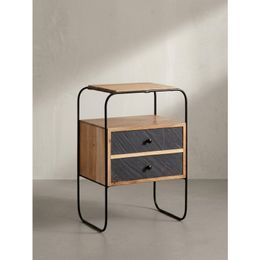 KADIMA DESIGN Nachttisch Massivholz Steinoptik 2 Schubladen Ablage Metallgestell, Akazie 40x30x60 cm