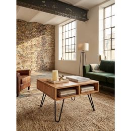 KADIMA DESIGN Couchtisch Akazie Massivholz Metall, Quadratisch, 60x60x40cm, Braun mit Stauraum