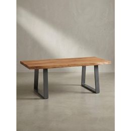 KADIMA DESIGN Couchtisch aus Akazie Massivholz mit Metall-Trapezbeinen und Baumkante im Design-Stil, Akazie-Silber 120x60x46 cm
