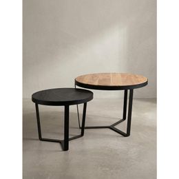 KADIMA DESIGN Couchtisch Set rund &ndash; Akazie Massivholz, Steinoptik, Metallgestell, Braun-Anthrazit