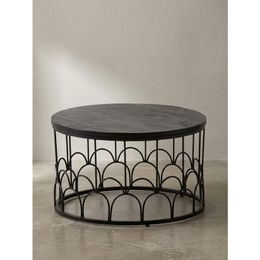 KADIMA DESIGN Couchtisch Rund in Schwarz aus Mango Massivholz mit Metallgestell, 60x60x36cm, Industrial Design