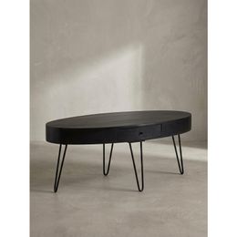 KADIMA DESIGN Couchtisch in Mango-Massivholz und Metall, 100x50x40 cm, Oval, mit Schublade, Stauraum und Haarnadelbeinen