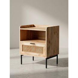KADIMA DESIGN Nachttisch &ndash; Mango Massivholz/Rattan, 50x60x40 cm, 1 Schublade, Wiener Geflecht