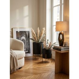 KADIMA DESIGN Pflanzk&uuml;bel 2er Set Metall Schwarz/Gold rund mit F&uuml;&szlig;en und 3D-Wabenmuster