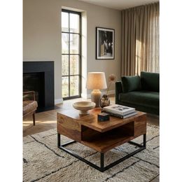 KADIMA DESIGN Couchtisch in Massivholz und Metall, 60x60x34,5 cm, Eckig, Modernes Design, mit Stauraum, Quadratisch