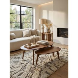 KADIMA DESIGN Couchtisch 2er Set Massivholz Nierenform Retro, Dunkelbraun 100x50x42 cm
