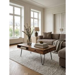 KADIMA DESIGN Couchtisch Massivholz mit Metallbeinen im Landhausstil, Dunkelbraun 60x110x40 cm