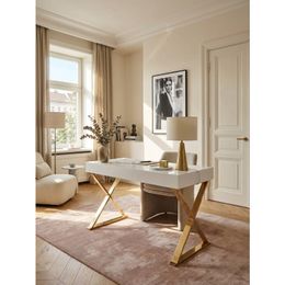 KADIMA DESIGN Schreibtisch &ndash; Hochglanz Wei&szlig;, 118x76x57 cm, goldene Metallbeine, 2 Schubladen