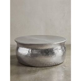 KADIMA DESIGN Couchtisch orientalisch rund, flacher Hammerschlag, Metall, Silbern 75x75x31 cm
