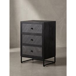 KADIMA DESIGN Nachttisch Massivholz Steinoptik 3 Schubladen Metallgestell, Schwarz 40x30x60 cm
