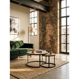 KADIMA DESIGN Couchtisch 2er Set Massivholz Metall Rund, Akazie 60x60x41 cm