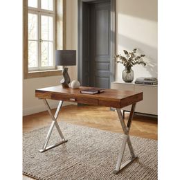 KADIMA DESIGN Schreibtisch Massivholz Metallgestell mit Stauraum, Braun-Silber 120x55x78 cm