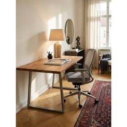 KADIMA DESIGN Schreibtisch Massivholz Baumkante mit Trapezgestell, Akazie 160x80x76 cm