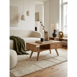 KADIMA DESIGN Couchtisch in Naturfarben aus Mango Massivholz und Rattan, 90x40x45cm mit Stauraum und Schublade