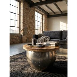 KADIMA DESIGN Couchtisch Mangoholz Metall Industrial 60x43x60 cm Rund mit Stauraum Silber