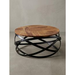 KADIMA DESIGN Couchtisch rund aus Massivholz und Metall in Braun, 60x30x60 cm, Industrial Design