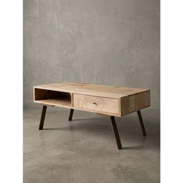 KADIMA DESIGN Couchtisch Mango Massivholz Metall mit Schublade 95x42x50cm Landhaus Braun