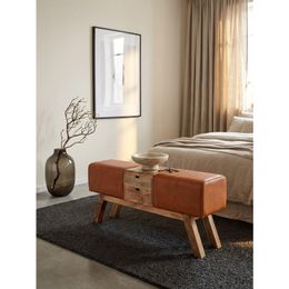 KADIMA DESIGN Sitzbank &ndash; Leder/Massivholz, 120x56x30 cm, Braun, mit Schubladen, Turnbock-Design