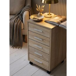 KADIMA DESIGN Rollcontainer Holz 5 Schubladen Schmal Mit Rollen, Sonoma 33x38x63 cm