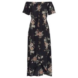 Lascana Maxikleid 'im angesagten Vokuhila-Schnitt und Carmenausschnitt' mehrfarbig Gr. 44 f&uuml;r Damen. Unechte Knopfleiste Vorne und Allover-Druck. 