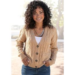Lascana Strickjacke camelfarben Gr. 44/46 f&uuml;r Damen. Mit V-Ausschnitt. Figurumspielend