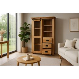 Highboard Vitrine mit Glasrollt&uuml;r Akazie massiv naturfarben 100 x 45 x 175 cm LIBRO