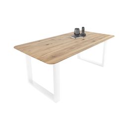 Esszimmertisch Schweizer Kante rund massiv & ge&ouml;lt Eiche 180x90 wei&szlig; U-Gestell Lotte