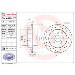 Brembo Bremsscheibe 08.A429.1X Gelocht 281mm 12mm f&uuml;r LEXUS TOYOTA (FAW)