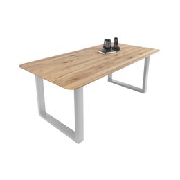 Esszimmertisch Schweizer Kante rund massiv & ge&ouml;lt Eiche 180x90 silber U-Gestell Lotte