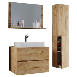 Mid.you Badezimmer VCM Lendas, Honigeiche, Glas, Keramik, Holzwerkstoff, 4-teilig, 2 F&auml;cher, 2 Schublade(n),2 Schublade(n) Schubladen, 94 cm, h&auml;ngend, Badezimmer, Badm&ouml;belsets & Badm&ouml;belserien, Badm&ouml;bel-Sets