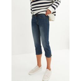 Caprijeans bonprix "Slim Fit Jeans Mid Waist, cropped", Damen, Gr. 36, N-Gr, blau (dunkelblau used), Denim/Jeans, Obermaterial: 82% Baumwolle, 17% Polyester, 1% Elasthan, unifarben, regular fit ca. Mitte Wade, Jeans, 3/4-Capri-Look, Five-Pocket Style, Regular Fit, schmale Beinform