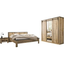 Schlafzimmer-Set Home Affaire "SHERWOOD", braun (old style hell dekor), B:520cm H:209cm T:213cm, Schlafzimmerm&ouml;bel-Sets, Liegefl&auml;che 180x200cm, Schrank 3-trg. 201cm breit