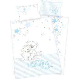 Babybettw&auml;sche Baby Best "Kleiner Lieblingsmensch", blau, B/L: 100cm x 135cm, 1 Stk., 1 Stk., Flanell, B/L: 60cm x 40cm, Flanell, Obermaterial: 100% Baumwolle, Bettw&auml;sche, mit niedlichem Teddy-Motiv und Schriftzug