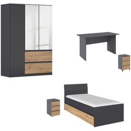 Jugendzimmer-Set Rauch "Komplettzimmer Schlafzimmer-Set (5-St.) Jugendzimmer-Set JOEL", grau (graumetallic, eiche artisan), BASIC + ohne Matratze, B/H: 90cm x 200cm, BASIC, Holzwerkstoff, Schlafzimmerm&ouml;bel-Sets, Bett 2 Breiten,Nachttisch,Tisch,Rollcontainer,Schrank MADE IN GERMANY