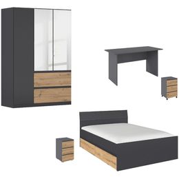 Jugendzimmer-Set Rauch "Komplettzimmer Schlafzimmer-Set (5-St.) Jugendzimmer-Set JOEL", grau (graumetallic, eiche artisan), PREMIUM + ohne Matratze, B/H: 140cm x 200cm, PREMIUM, Holzwerkstoff, Schlafzimmerm&ouml;bel-Sets, Bett 2 Breiten,Nachttisch,Tisch,Rollcontainer,Schrank MADE IN GERMANY