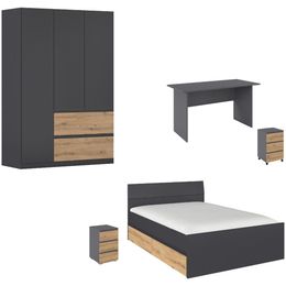 Jugendzimmer-Set Rauch "Komplettzimmer Schlafzimmer-Set (5-St.) Jugendzimmer-Set JOEL", grau (graumetallic, eiche artisan), PREMIUM + ohne Matratze, B/H: 140cm x 200cm, PREMIUM, Holzwerkstoff, Schlafzimmerm&ouml;bel-Sets, Bett 2 Breiten,Nachttisch,Tisch,Rollcontainer,Schrank MADE IN GERMANY