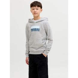 Jack & Jones Kapuzensweatshirt JACK & JONES JUNIOR "JCOFUSION GRAPHIC SWEAT HOOD UNB SN JNR", Jungen, Gr. 152, light grau melange, angeraute Sweatware, Obermaterial: 70% Baumwolle, 30% Polyester, bedruckt, meliert, regular fit normal, Rundhals, Rippb&uuml;ndchen, Sweatshirts, Baumwollmischung, normal geschnitten