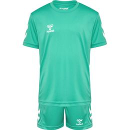 T-Shirt & Shorts Hummel "HMLLOGO SET KIDS", M&auml;dchen, Gr. 128, gr&uuml;n (atlantis), Jersey, Obermaterial: 100% Polyester, KOB Set-Artikel, 2-teiliges Set, in den Gr&ouml;&szlig;en 116 bis 164, aus Jersey