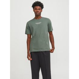 Jack & Jones T-Shirt JACK & JONES "BLUARCHIE TEE", Jungen, Gr. M, gr&uuml;n (laurel wreath), Single Jersey, Obermaterial: 100% Baumwolle, bedruckt, normal h&uuml;ftbedeckend, Rundhals, Shirts T-Shirt, mit Logo Print