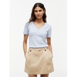 Tommy Hilfiger Damen T-Shirt "SLIM CODY V-NECK SHORT SLEEVE", blau, Gr. L, gestreift, Jersey, Obermaterial: 100% Baumwolle, Shirts, aus Baumwolle,