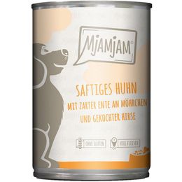 MjAMjAM saftiges Huhn mit zarter Ente an M&ouml;hrchen und gekochter Hirse Hunde-Nassfutter ohne Getreide 6x400g