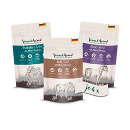 Venandi Animal Probierpaket II 4xPferd, 4xKalb, 4xTruthahn Katzen-Nassfutter hoher Fleischanteil 24x125g