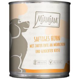 MjAMjAM saftiges Huhn mit zarter Ente an M&ouml;hrchen und gekochter Hirse Hunde-Nassfutter getreidefrei 6x800g
