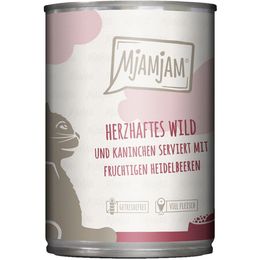 MjAMjAM herzhaftes Wild und Kaninchen an fruchtigen Heidelbeeren Katzen-Nassfutter getreidefrei 24x400g