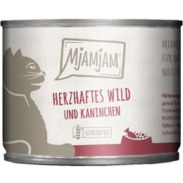 MjAMjAM herzhaftes Wild & Kaninchen an fruchtigen Heidelbeeren Katzen-Nassfutter getreidefrei 24x200g