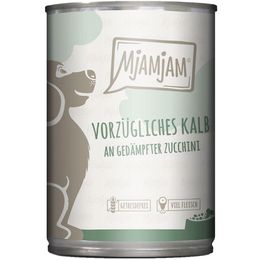 MjAMjAM vorz&uuml;gliches Kalb an ged&auml;mpfter Zucchini Hunde-Nassfutter getreidefrei 6x400g