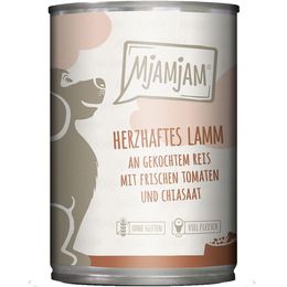 MjAMjAM herzhaftes Lamm an gekochtem Reis mit frischen Tomaten Hunde-Nassfutter ohne Getreide 6x400g
