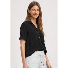 Kurzarmbluse Street One, Damen, Gr. 34, schwarz, Stoff, 85% Viskose, 15% Nylon, unifarben, klassisch normal, V-Ausschnitt, Aufschlag, Blusen, in Unifarbe