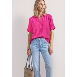 Kurzarmbluse Street One, Damen, Gr. 36, pink (magenta dream), Stoff, 85% Viskose, 15% Nylon, unifarben, klassisch normal, V-Ausschnitt, Aufschlag, Blusen, in Unifarbe