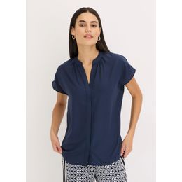Kurzarmbluse bonprix, Damen, Gr. 50, dunkelblau, Web, Obermaterial: 100% Polyester, oversize, Blusen, Oversize Passform, mit V-Ausschnitt, mit Umlegekragen